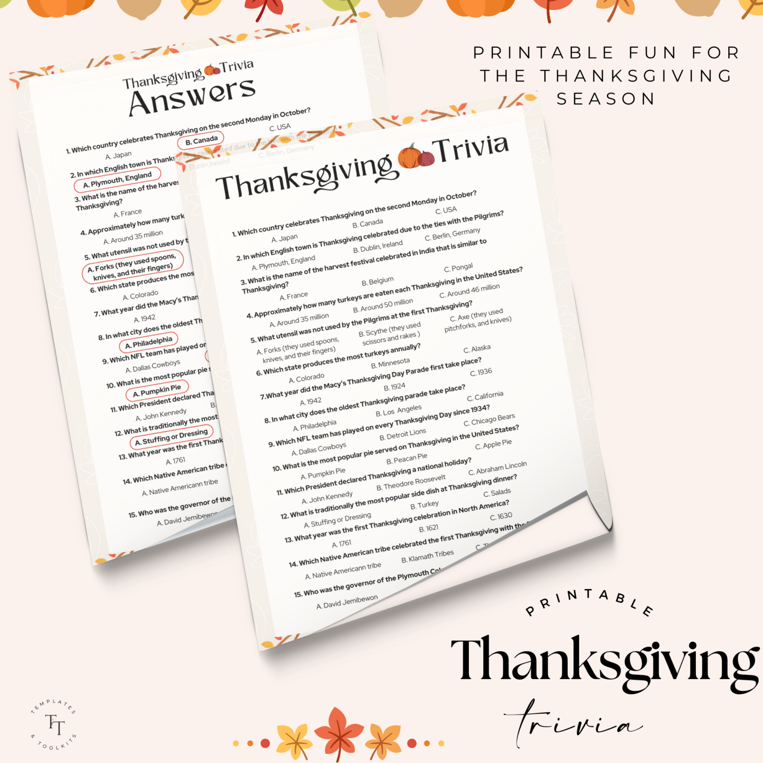 Printable Thanksgiving Party Game | Thanksgiving Trivia Night ...